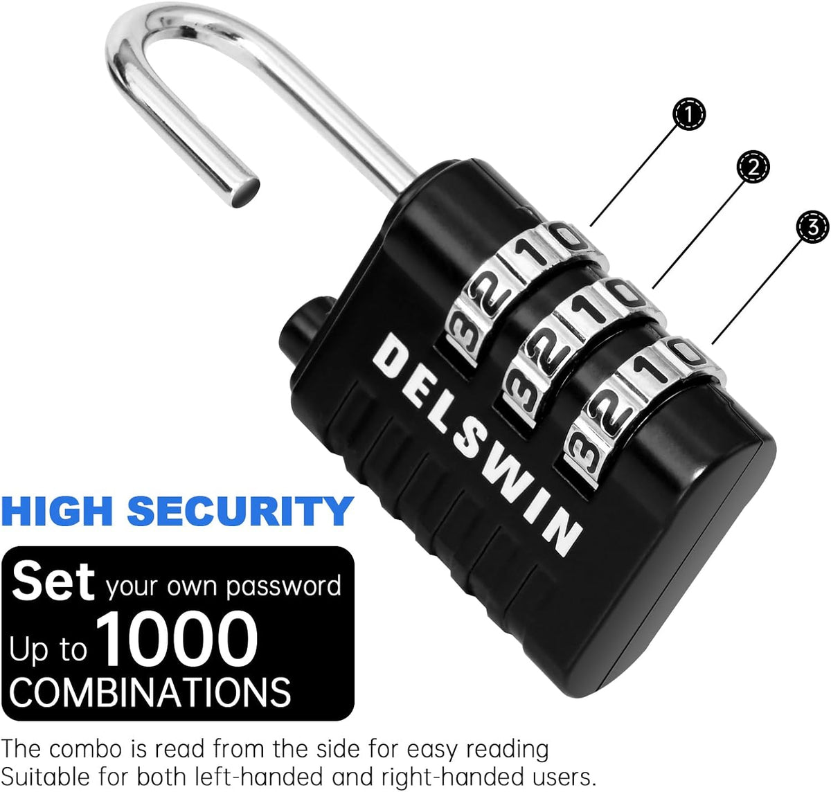 DELSWIN Combination Lock 3-Digit Small Padlock - 4Pcs Resettable Comb
